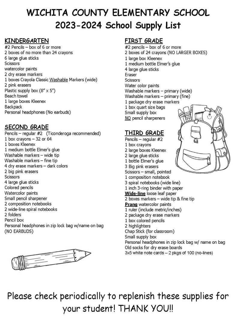 Leoti-Wichita County USD 467 - WCES 2023-24 Classroom supply list