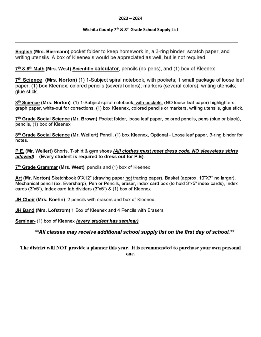 Leoti-Wichita County USD 467 - JSHS 2023-24 Classroom Supply list